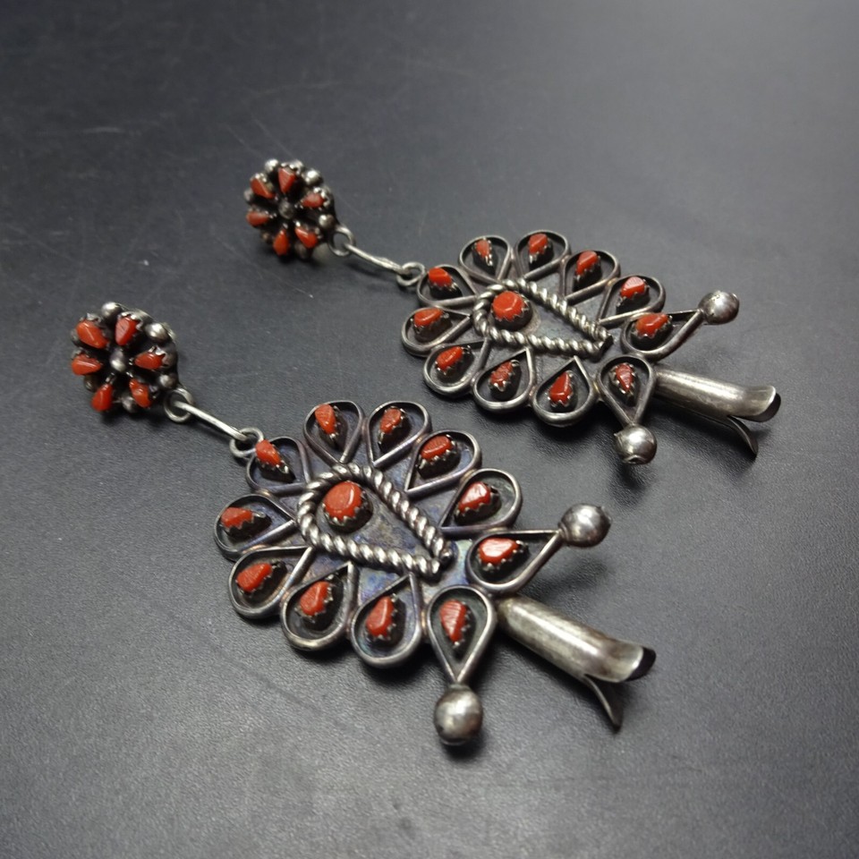 TOM LONG Navajo VINTAGE SterlingSilver OLD RED MED CORAL Squash Blossom ...