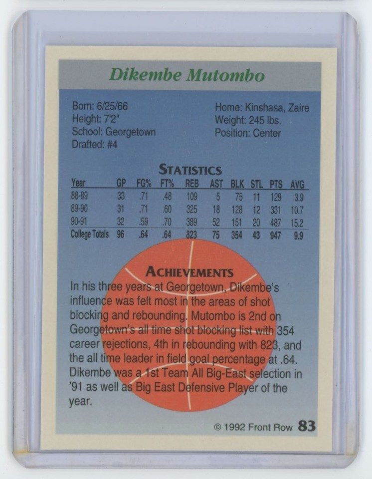 1991-92 Front Row Dikembe Mutombo . Georgetown Hoyas #83 | eBay