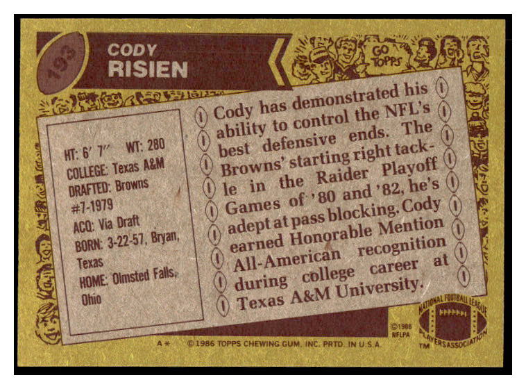 1986 Topps #193 Cody Risien Cleveland Browns Rookie Near Mint or Better ...