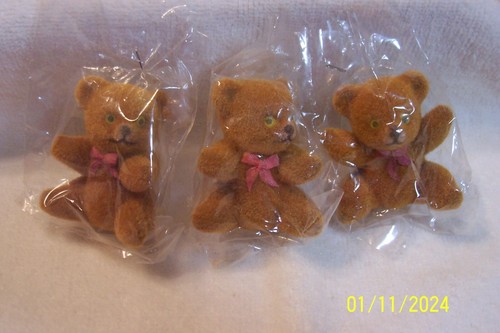 3 Vintage Mini Felt Flocked Teddy Bear Decoration 2-1/4" x 2-1/4" Hong ...