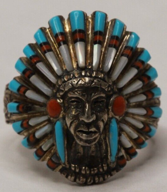 925 Sterling Silver Native American Indian Chief Ring… - Gem
