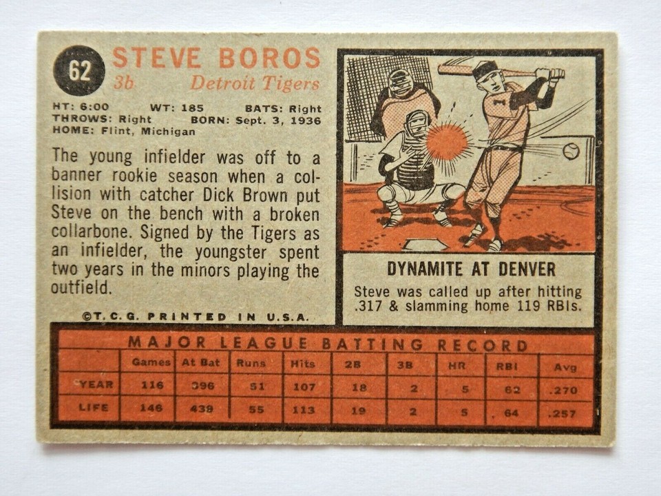 Steve Boros #62 Topps 1962 Baseball Card (Detroit Tigers)* | eBay
