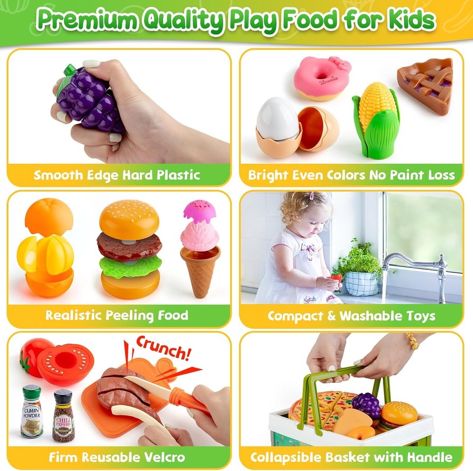 78Pc Pretend Play Food for Kids Kitchen, Cutting Toy with Storage... | eBay