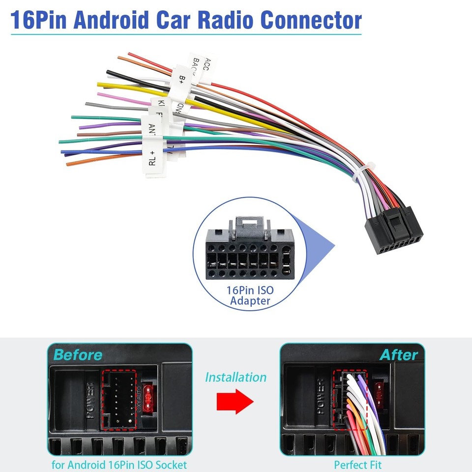 Android Stereo Wiring Harness 16Pin ISO Radio Wire Adapter,Stereo ...