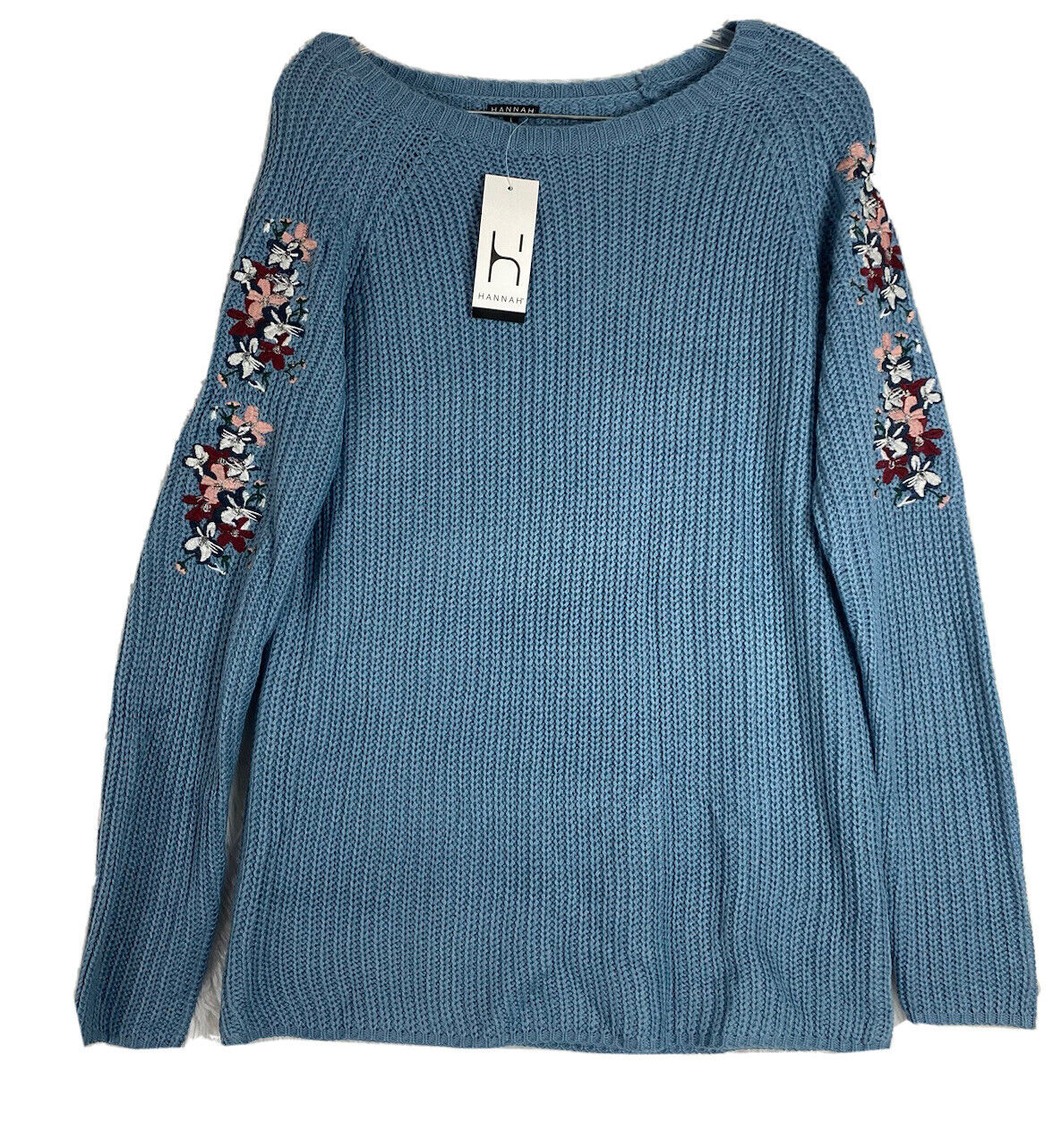 Hannah Long Sleeve Knit Sweater Women's Large Blue Floral Embroidered ...
