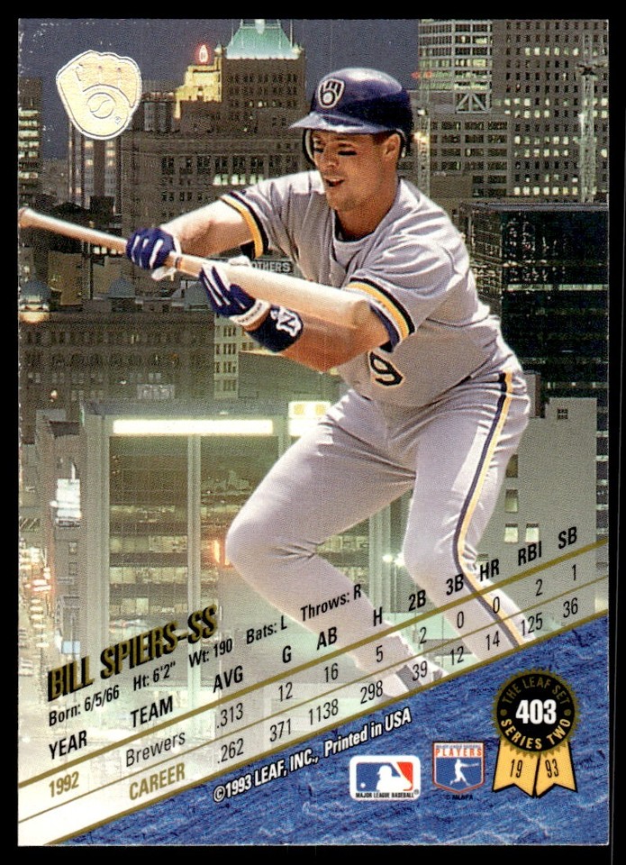 1993 Leaf Baseball Card Bill Spiers Milwaukee Brewers #403 | eBay
