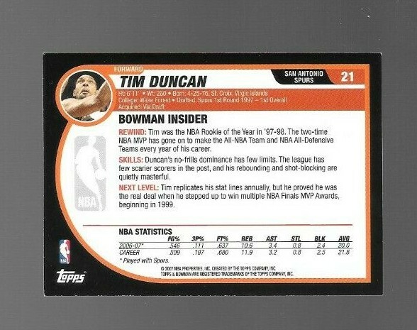 2007-08 Bowman Tim Duncan Card #21 Hall of Fame! San Antonio Spurs NM ...