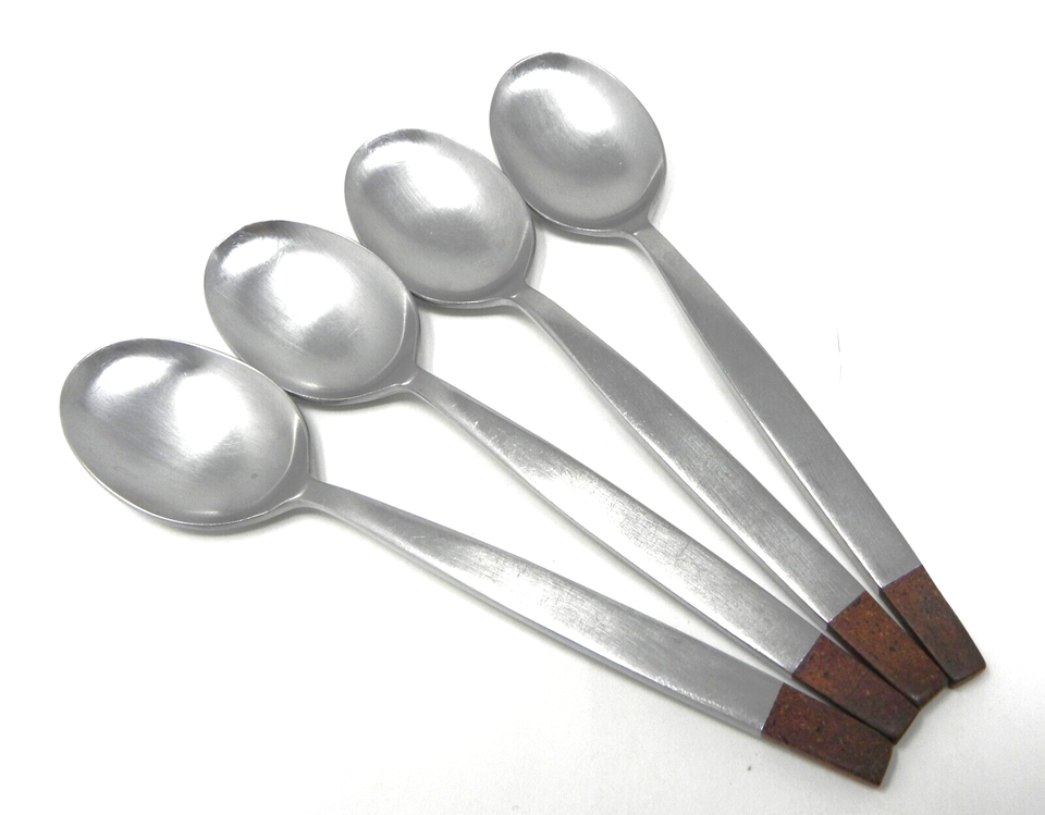 4 SRI STANLEY ROBERTS MCM Largo Stainless Teaspoons with Brown Wood ...