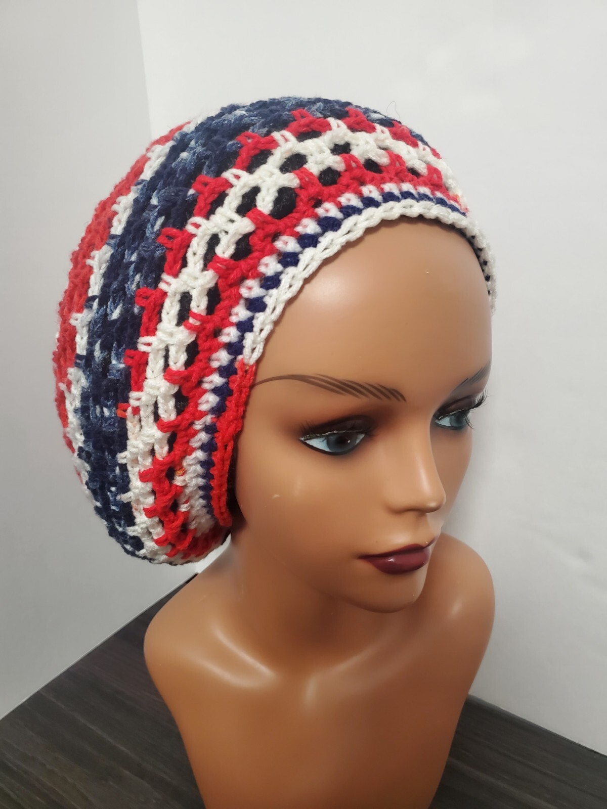 Red White & Blue Crochet Handmade Sunflower Mesh Beanie Hippie Slouch ...
