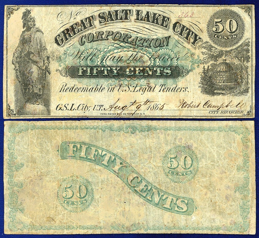 USA 50 CENTS GREAT SALT LAKE CITY CORP UTAH 1865 U.S. LEGAL TENDERS ...