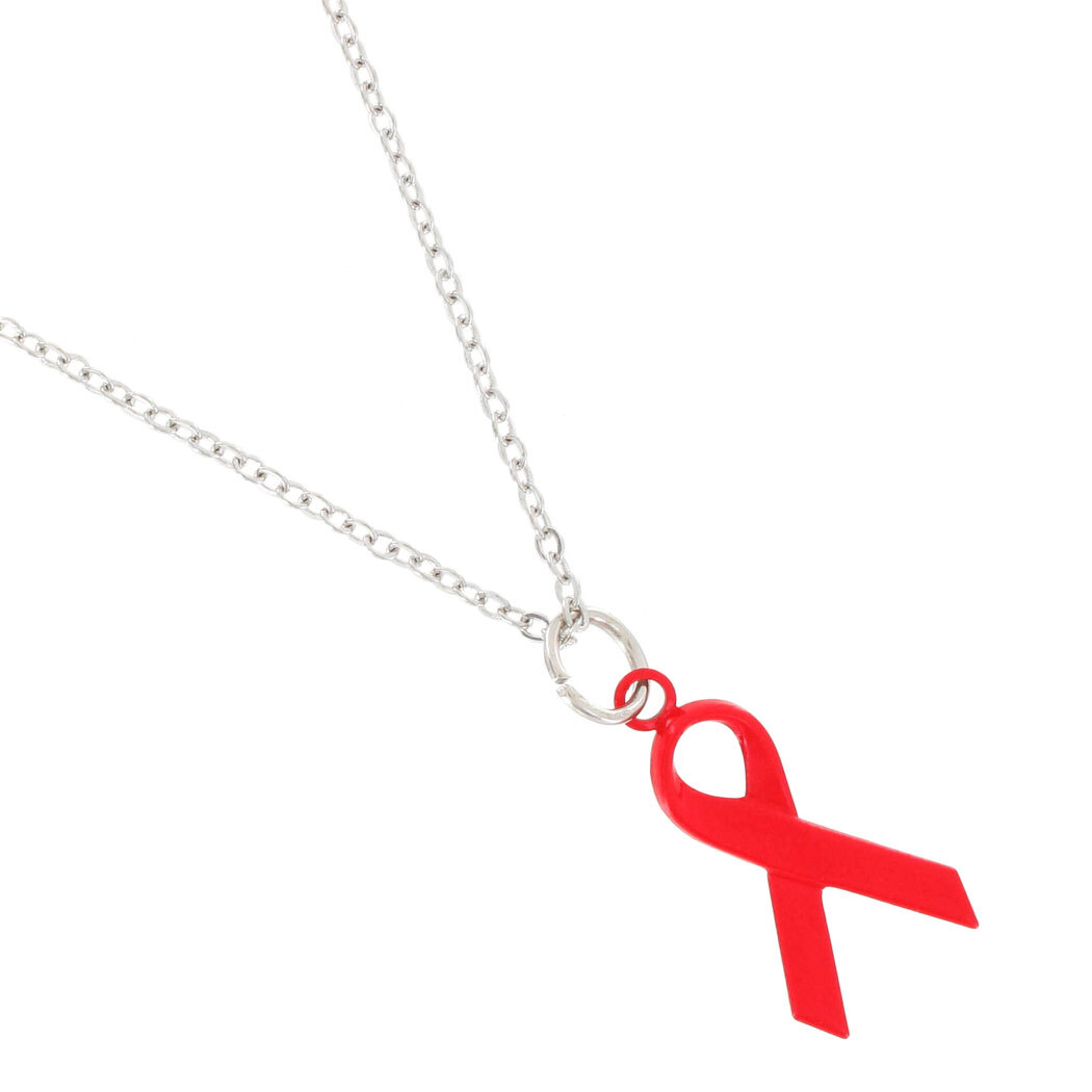 Red Ribbon Pendant Necklace Support Awareness Silver Tone Chain 18" Ky ...