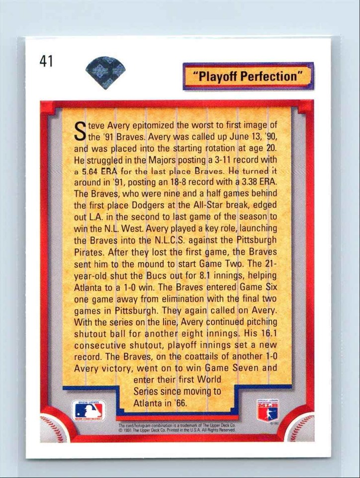 1992 Upper Deck Straight from the Pack Streve Avery Atlanta Braves #41 ...