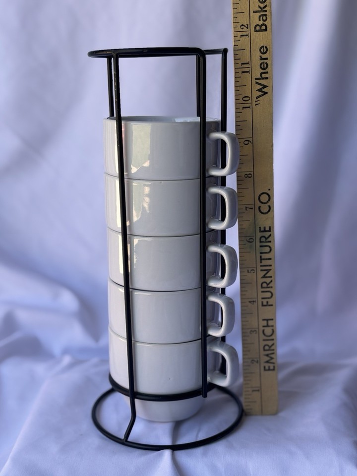 World Market Set of 5 White Stacking Coffee Cups w/ Black Metal ...