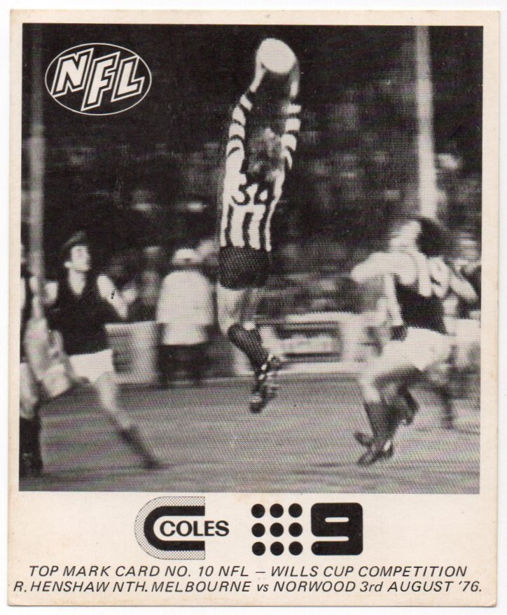 1976 VFL AFL COLES WILLS CUP TOP MARKS CARD - 10 Ross HENSHAW (NORTH ...