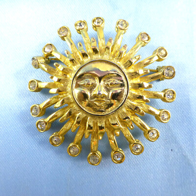 Vintage Starburst Sun Face Pin Brooch Rhinestone Tips Golden SUN | eBay