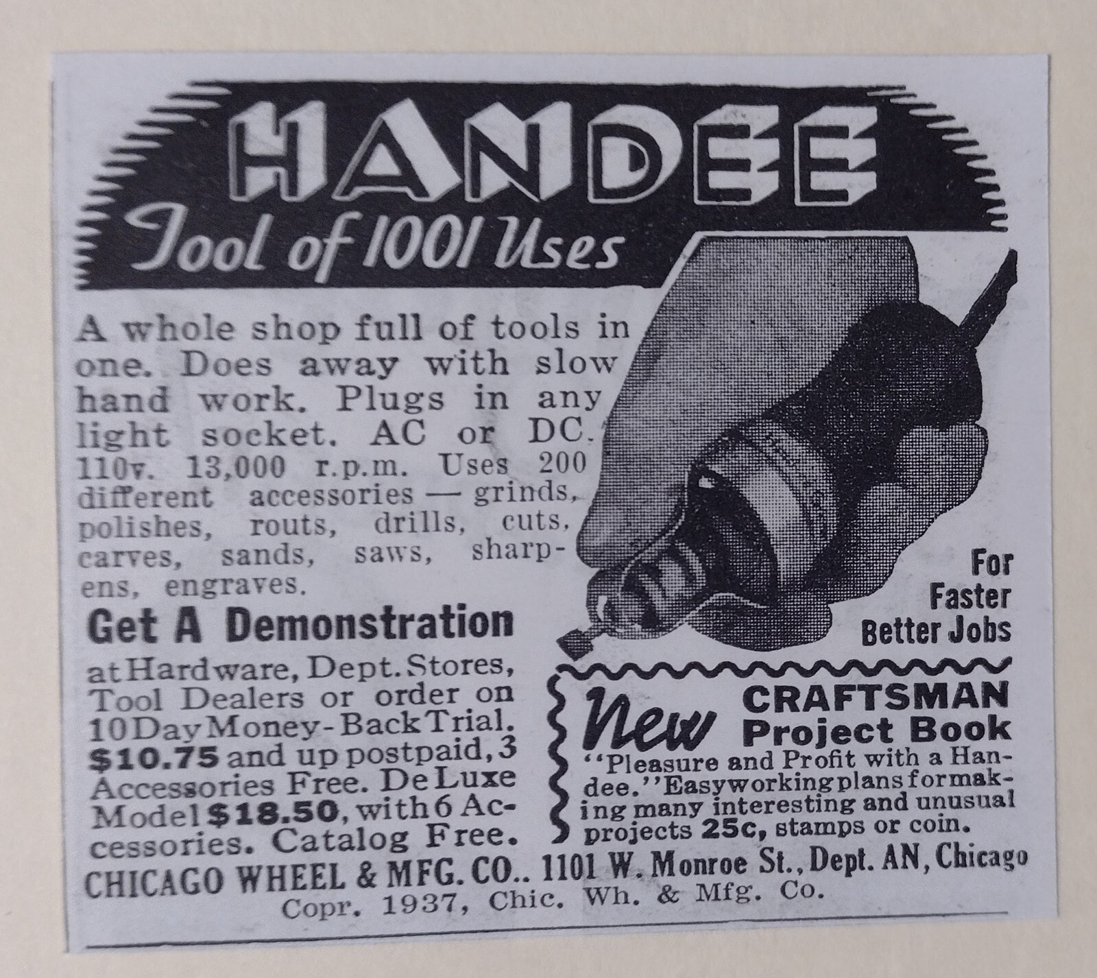 1937 "Handee" Tool Advertisement Chicago Wheel & Mfg. Co. Chicago ...