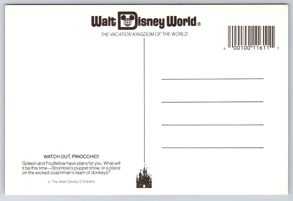 Watch Out Pinocchio! Gideon Foulfellow Disney World FL 6x4 Vintage ...
