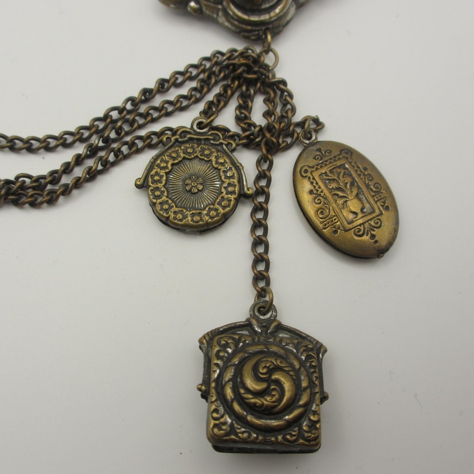 Vintage Chatelaine Brooch Victorian Revival Chains Dangles Brass Tone ...