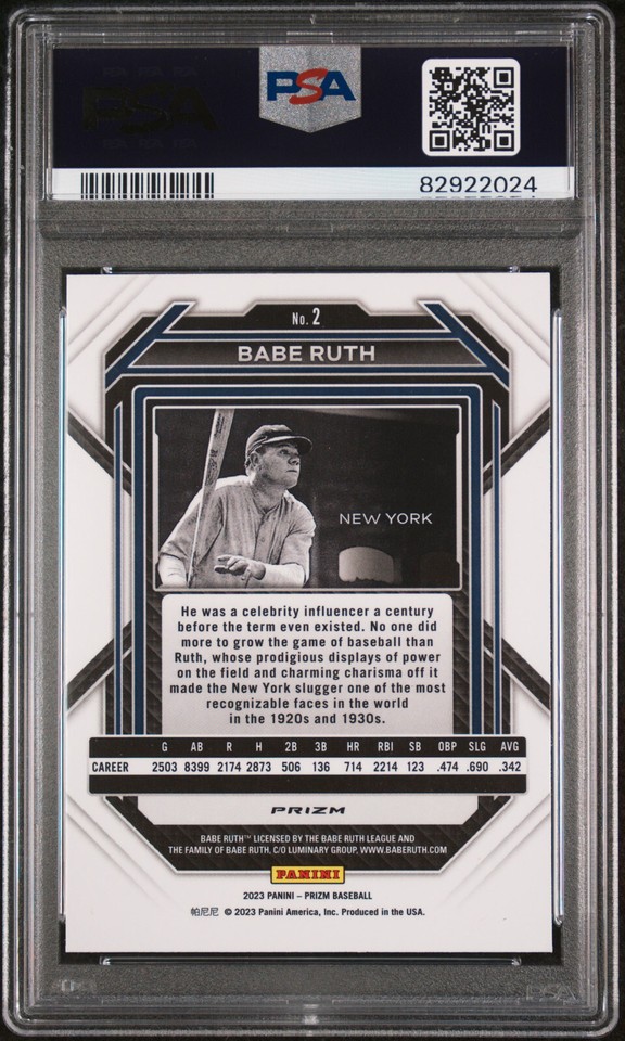 2023 PANINI PRIZM BABE RUTH SILVER PRIZM #2 NEW YORK YANKEES HOF PSA 10 ...