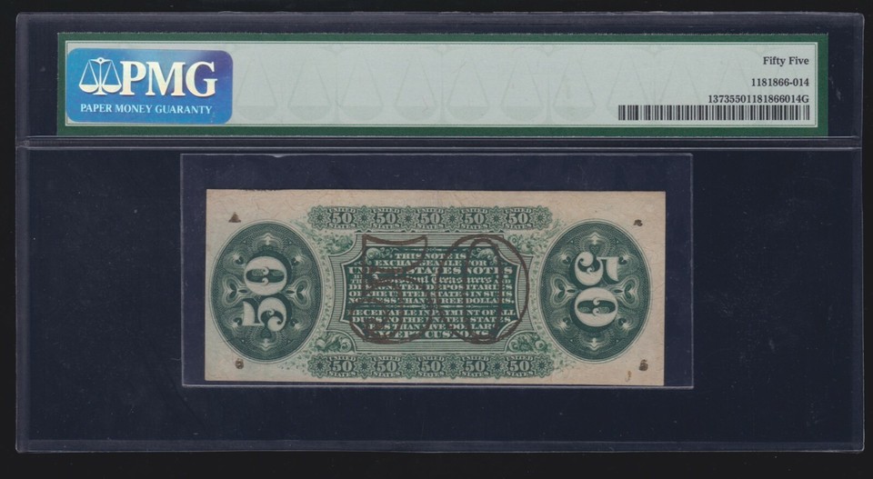 US 50c Fractional Currency Justice Fiber Paper w/ 'a' FR 1373 PMG 55 Ch ...