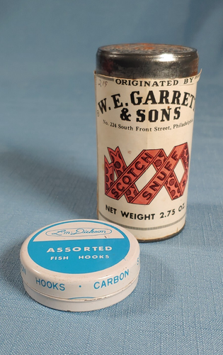Vintage W E Garrett & Sons Snuff Tin 2.75 Oz And Metal L M Dickson Fish ...