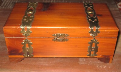 Large Vintage Cedar Wood Jewelry Trinket Box Chest Brass Hardware Decor ...
