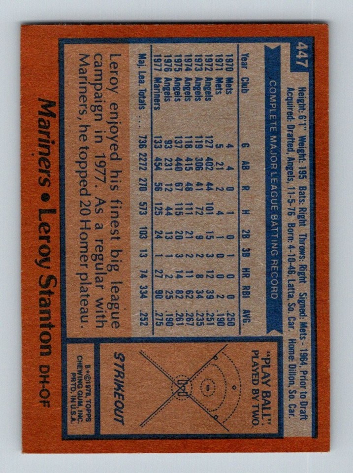 1978 Topps #447 Leroy Stanton Mariners | eBay