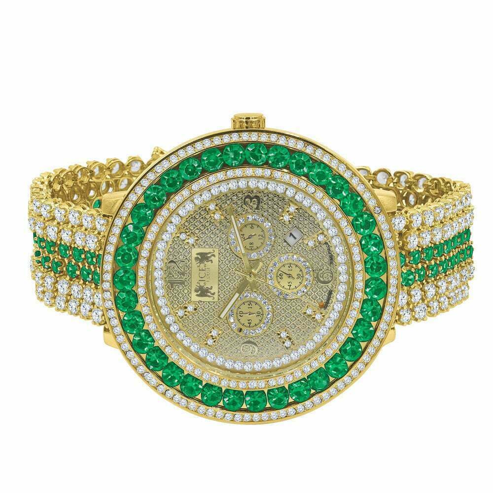 Real Diamond Dial Watch Emerald Green Yellow Gold Finish W/Date ...