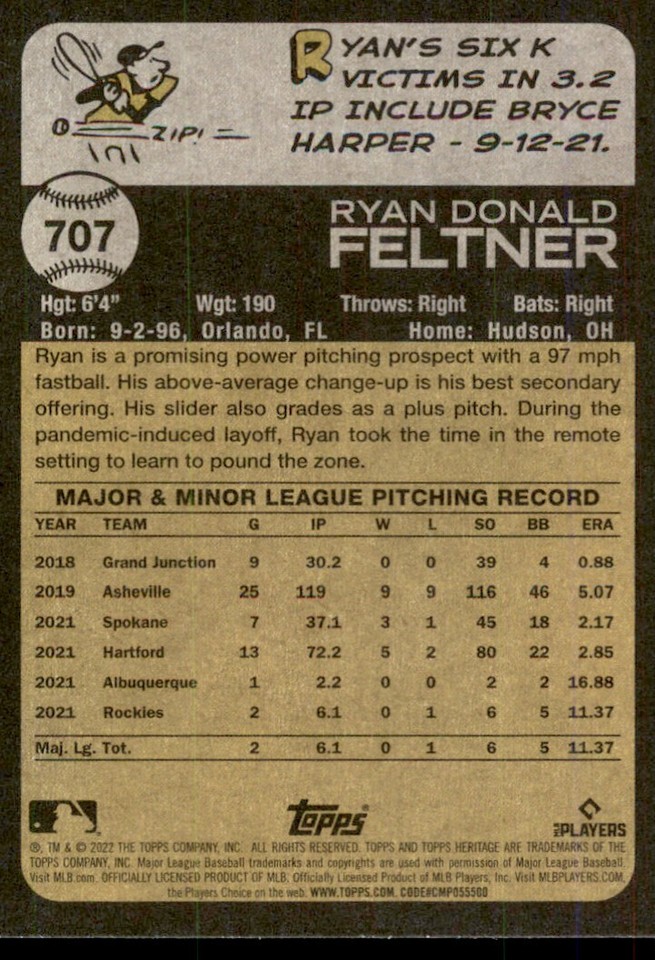Ryan Feltner 2022 Topps Heritage High Number Rookie Card RC #707 ...