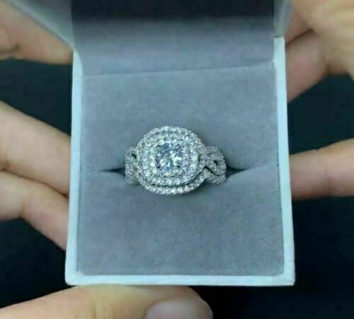 Engagement Ring Trio Set 3.75Ct Round Cut Moissanite White Gold Finish ...