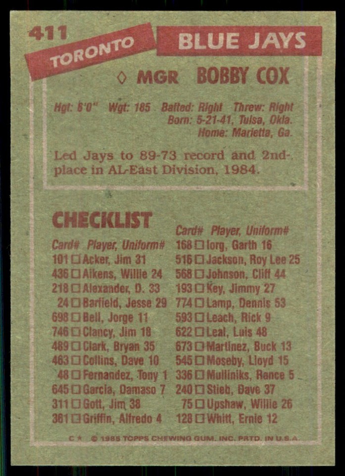1985 Topps Bobby Cox Toronto Blue Jays #411 | eBay