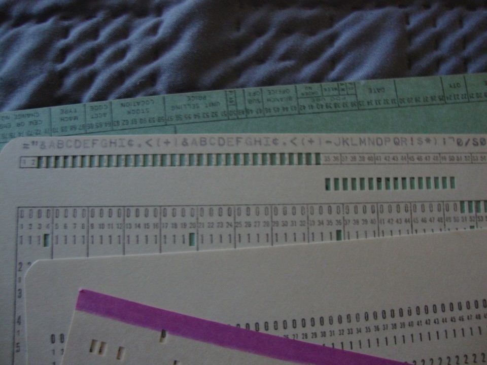 IBM computer punch cards, some blank, some punched, various colors, 12 ...