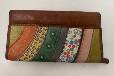 Vintage Fossil Womens Brown Leather Wallet Tri-fold Patchwork Rainbow ...