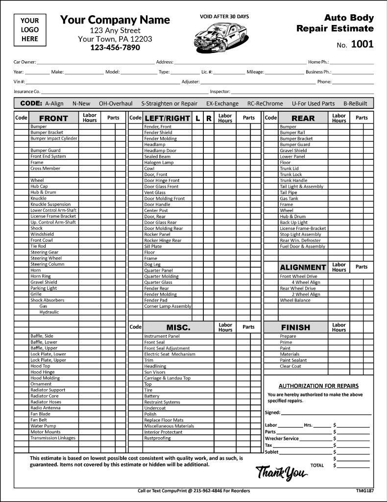 2part Auto Repair Estimate Form Carbonless