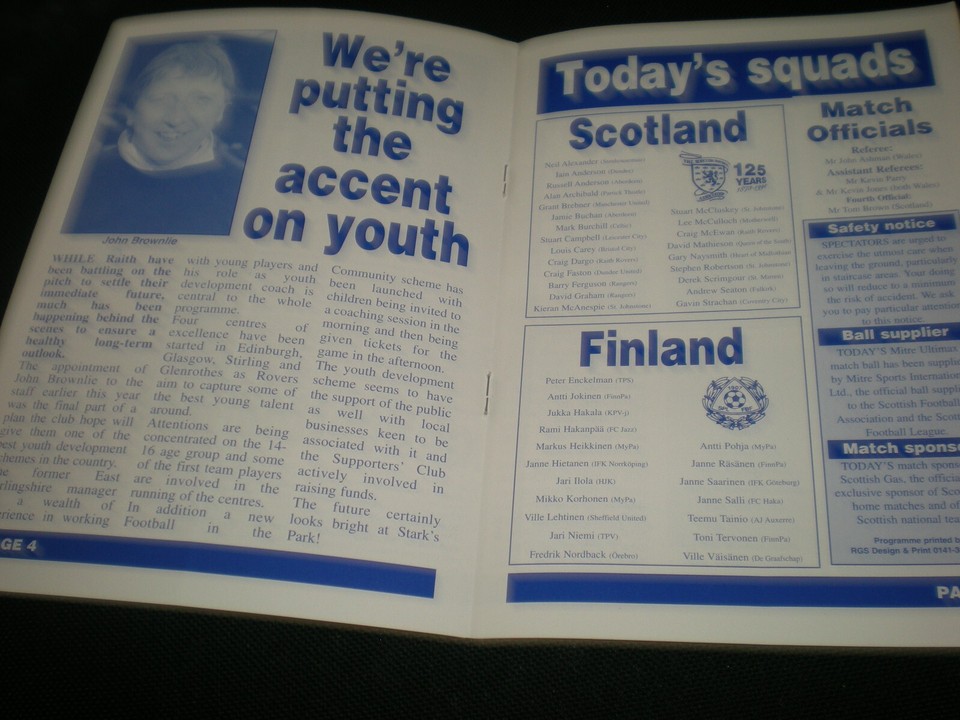 SCOTLAND u21 v FINLAND u21, 21st APRIL 1998. NO WRITING, SLIGHT FOLD ...