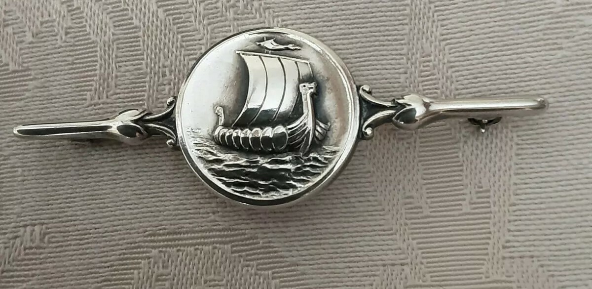 Georg Jensen Denmark #220 Viking Ship Brooch Pin Sign… - Gem