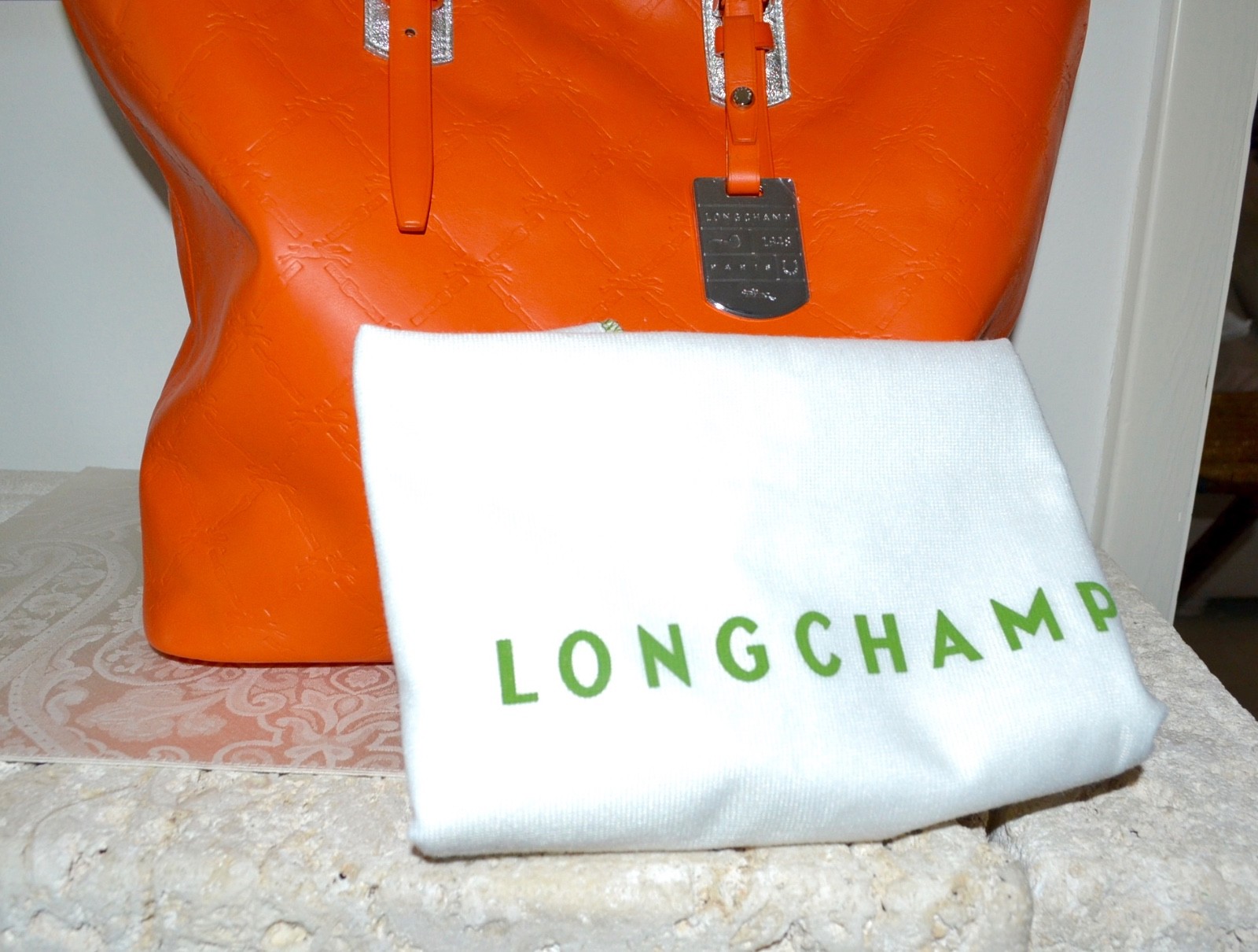 New $675 Auth Longchamp Paris LM Cuir Orange Leather Zip Tote Bag w ...
