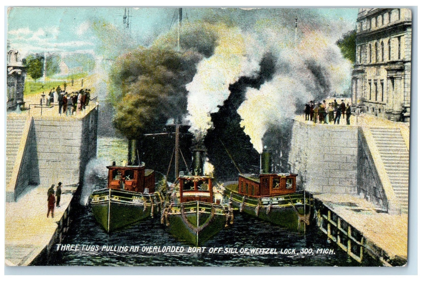 1910 Three Tugs Pulling Overloaded Boat Off Sill Of Weitzel Lock Soo MI ...