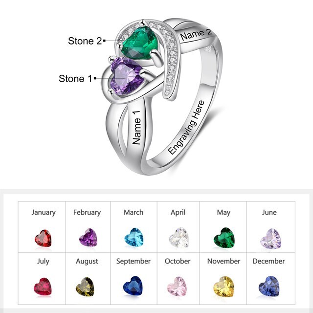 Custom Double Birthstone Ring Two Names Inside Engraving Jewelry Silver ...