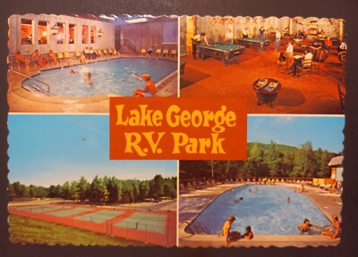 Lake George, NY Postcard "LAKE GEORGE R.V. PARK" Pool Scene, Tennis ...