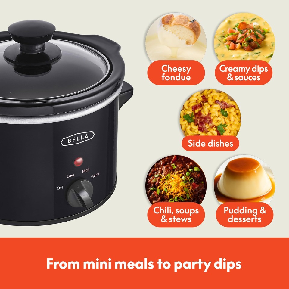 BELLA 1.5QT Slow Cooker Mini Crock Pot Compact Cooking for Small Meals ...