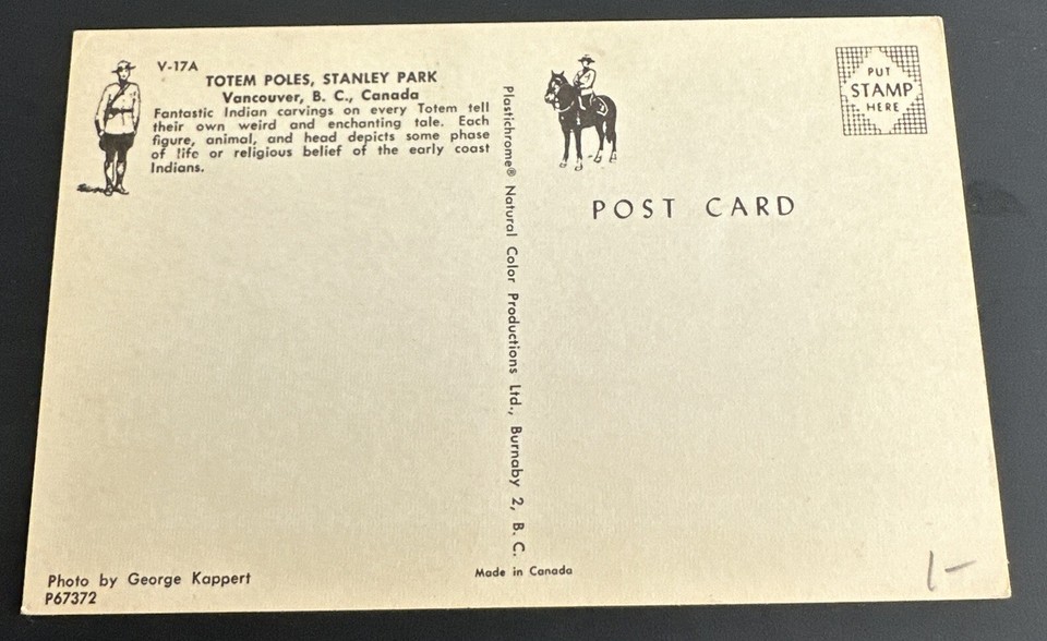 Postcard: Totem Poles in Stanley Park, Depicts phase of life ...