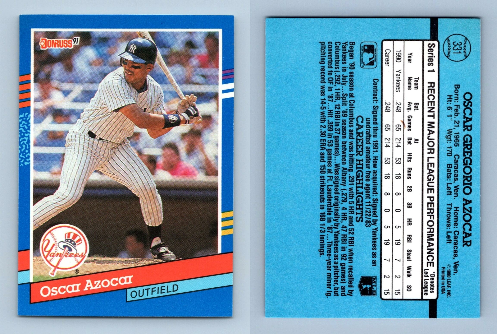 Oscar Azocar - Yankees #331 Donruss 1991 Baseball Trading Card | eBay