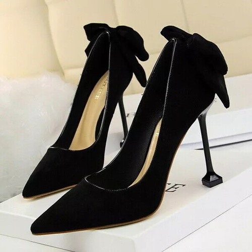 Éscarpins Chaussures Avec Talon Femme 10 CM Noir Nœud Ruban Cuir Suédé ...