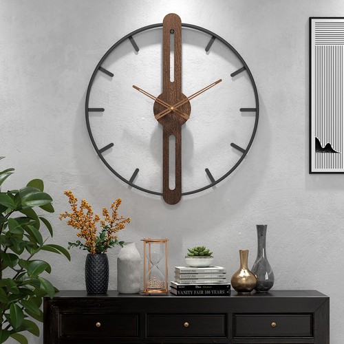 Modern Walnut Dial Wall Clock, Wood Large Wall Clock Decor Metal Frame ...