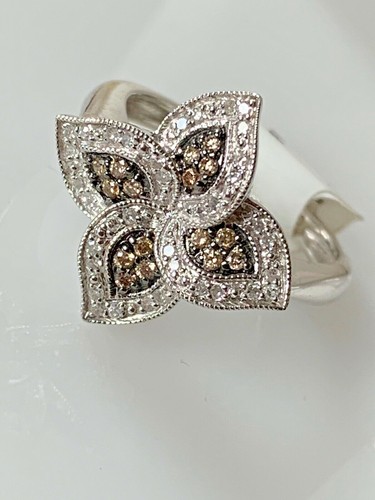 BEAUTIFUL 10K WHITE GOLD RING WINDMILL FLOWER COGNAC NATURAL DIAMONDS ...