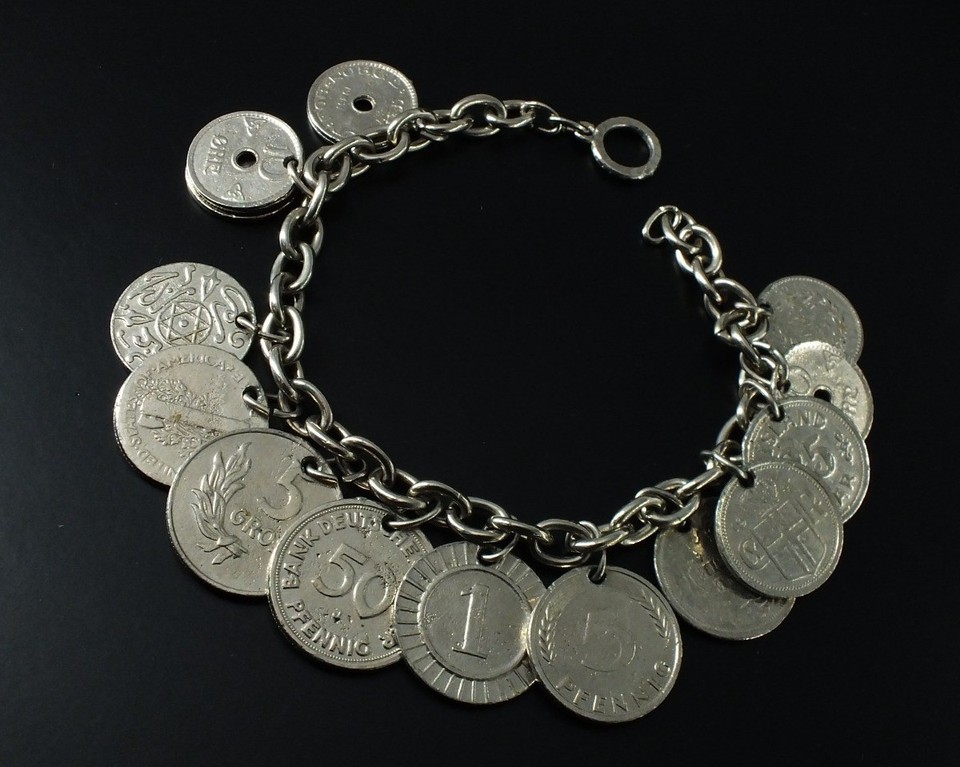 Assorted Round Coin Charm Curb Chain SILVER TONE Bracelet 7.7" - P36 ...