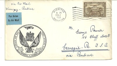 CANADA 1931 TO USA WITH FIRST OFFICIAL FLIGHT WINNIPEG TO PEMBINA ...