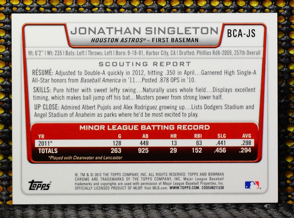 JONATHAN SINGLETON - 2012 BOWMAN CHROME PROSPECT AUTOGRAPH #JS | eBay