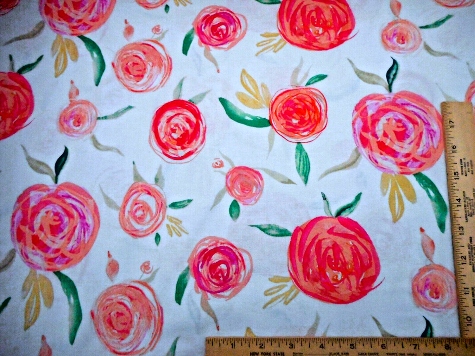 Floral Fabric By Yard Pink Red Peach Round Roses on White Premium ...